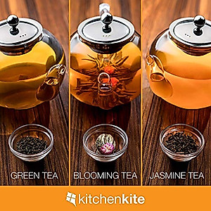 Glass Teapot with Infuser- Glass Tea Kettle for Stove Top with Removable Stainless Steel Strainer, Microwave & Dishwasher Safe, Tea Pot with Blooming, Loose Leaf Tea Sampler, Tea Diffuser & Tea Maker