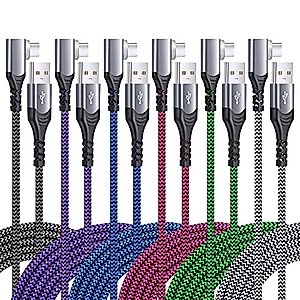 Excgood [6-Pack] Right Angle USB Type C Cable, [10Ft] 90 Degrees C Charger Cable Fast Charging Braided Cord for Galaxy S10/S9/S8/Note,Pixel and More-Black,White,Blue,Green,Purple,Hotpink