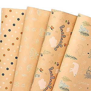 Ulmasinn Baby Shower Wrapping Paper Flat 8 Sheets for Baby Boys Girls, Kraft Paper with Satellite, Bear, Deer, Polka Dot Design for Birthday, Holiday, Baby Shower Packing, 20 X 29 Inches Each