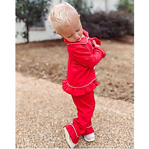 MAINESAKA Baby Boy Girl Pajamas Christmas Red Plaid Print Long Sleeve Lapel Collar Button Down Top Shirt Pants Nightwear (Red Ruffle, 4-5 Years)