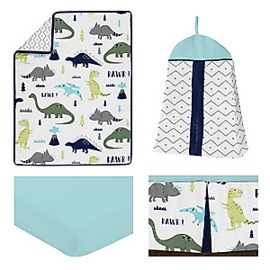 Sweet Jojo Designs Navy Blue and Green Modern Dinosaur Baby Boys or Girls 4 Piece Crib Bedding Set for Mod Dino Collection