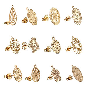 UNICRAFTALE 24pcs 12 Styles Golden Bohemian Stud Earring Findings Stainless Steel Ear Stud Component with Loop Butterfly Stoppers 0.7mm Pin Mixed Shapes Earring for Jewelry Making, Hole 1mm