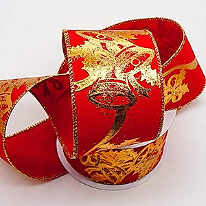 CT CRAFT LLC Red Velvet Gold Christmas Bell Wired Ribbon 2.5 Inch x 10 Yards for Christmas Home Decor Tree Topper Bow Gift Wrapping DIY Crafts Wreath Garland