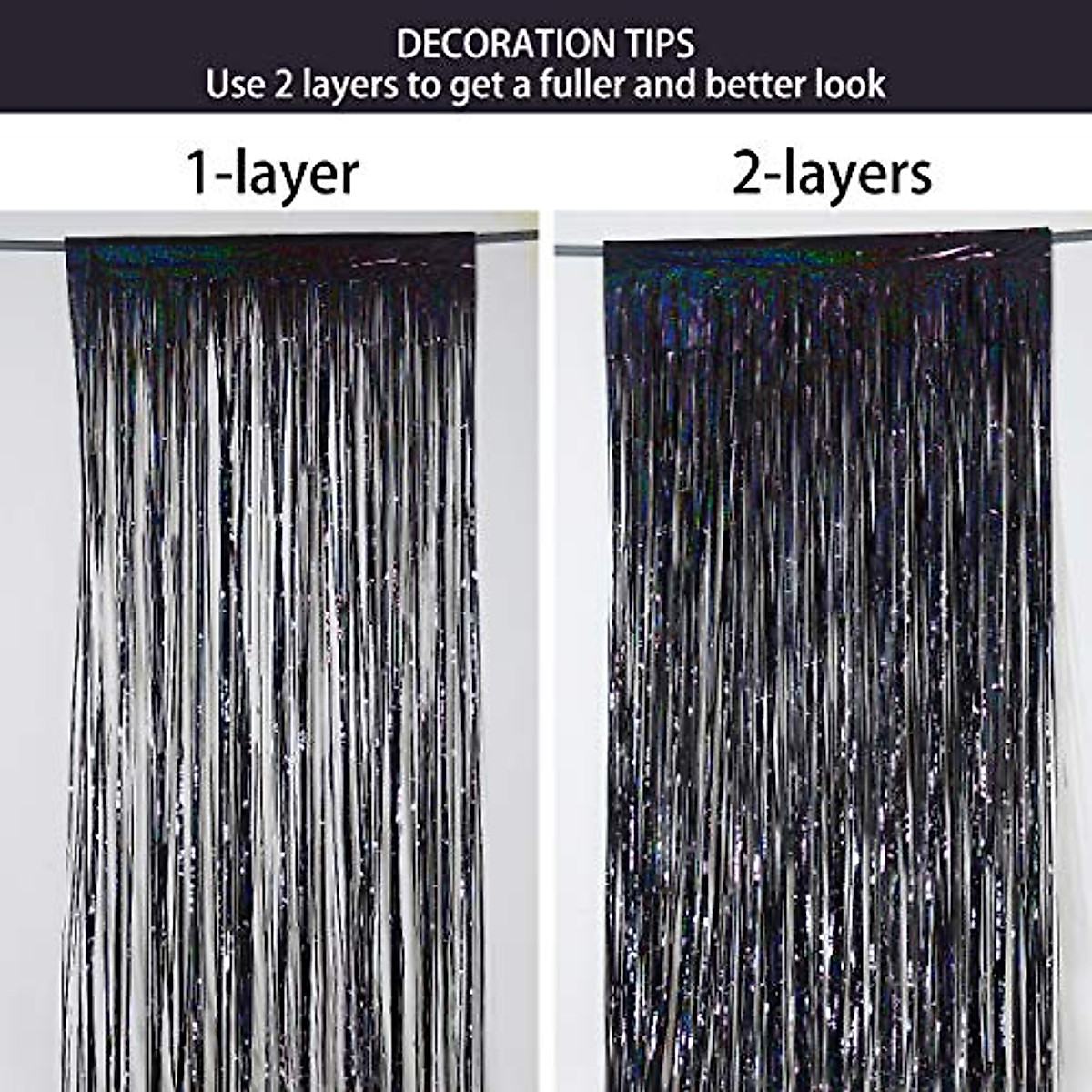Melsan 2 Pack 3.2 ft x 8.2 ft Tinsel Foil Fringe Curtains Backdrop, Sparkle Metallic Foil Curtains for Party Photo Booth Props Decoration (Black)