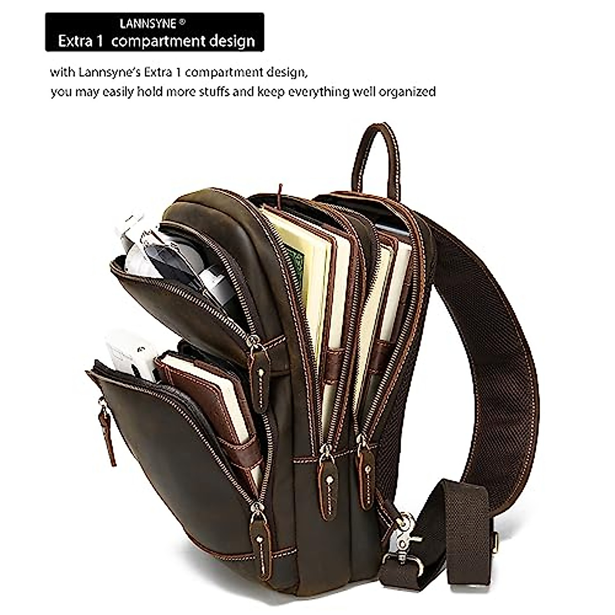 LANNSYNE Full Grain Leather Sling Bag For Men Crossbody Chest Daypack fits 12.9" iPad