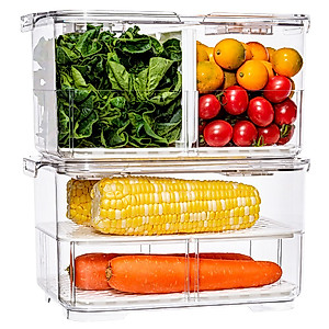 SANNO Fridge Food Storage Container Storage Containers, Produce Saver with Lids and Vents,Vegetable Fruit Storage Containers Stackable Salad Lettuce Keeper for Refrigerator，set of 2