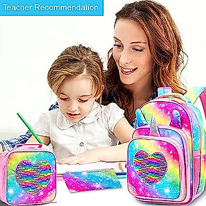 gxtvo 3PCS Girls Backpack, 16" Unicorn Rainbow Sequin Preschool Elementary Bookbag and Lunch Box
