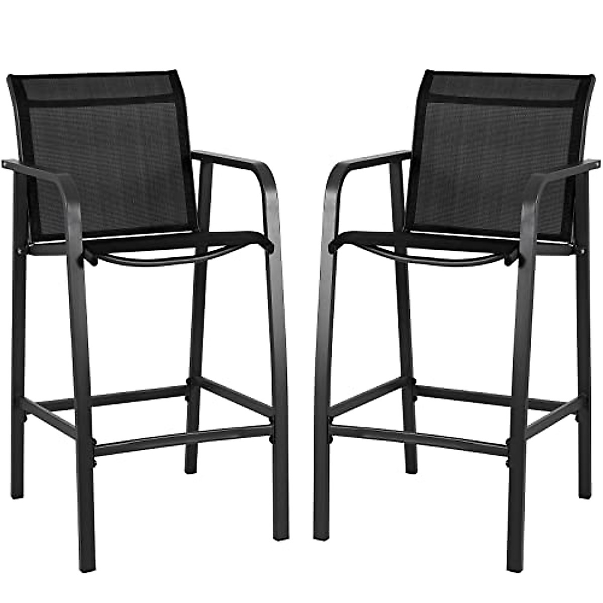 Patio Bar Stools Set of 2, Bar Chairs with Footrest and Armrest, Bar Height Patio Stools with High Back for Garden, Courtyard, Pool, Deck, All-Weather Textilene Patio Furniture, Black
