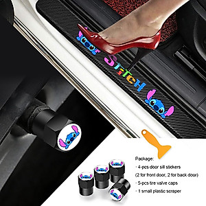 4PCS Cute Funny Cartoon Door Sill Protector with Tire Valve Stem Caps Set, Carbon Fiber Universal Door Sill Sticker Alloy Tire Caps Anti Scratch Decor Anime Car Accessories Set for Fan Gifts