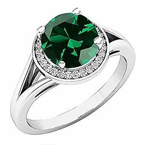 Dazzlingrock Collection 7 MM Round Lab Created Emerald With 0.10 CT Natural White Diamond Halo Split Shank Engagement Ring, 18K White Gold, Size 7