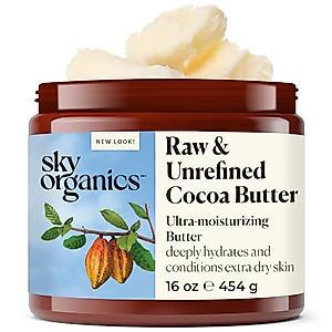 Sky Organics Cocoa Butter for Body, 100% Raw & Unrefined Ultra-Moisturizing Butter to Deeply Hydrate & Condition Skin, Promotes Smooth Skin Tone & Texture, Suitable for Tight or Extra Dry Skin, 16 Oz.