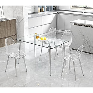 Glass Dining Table for 4 with 51 inch Clear Rectangular Glass Top, 0.31" Modern Tempered Glass Kitchen Table Furniture with 4 Silver Plating Metal Legs for Home Office Living Room