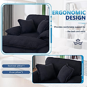 RUNNA 56.3 Inch Corduroy Single Sofa with 2 toss Pillows and a Ottoman,Comfy Sofa- Deep Seat Couch for Living Room (Black~049)