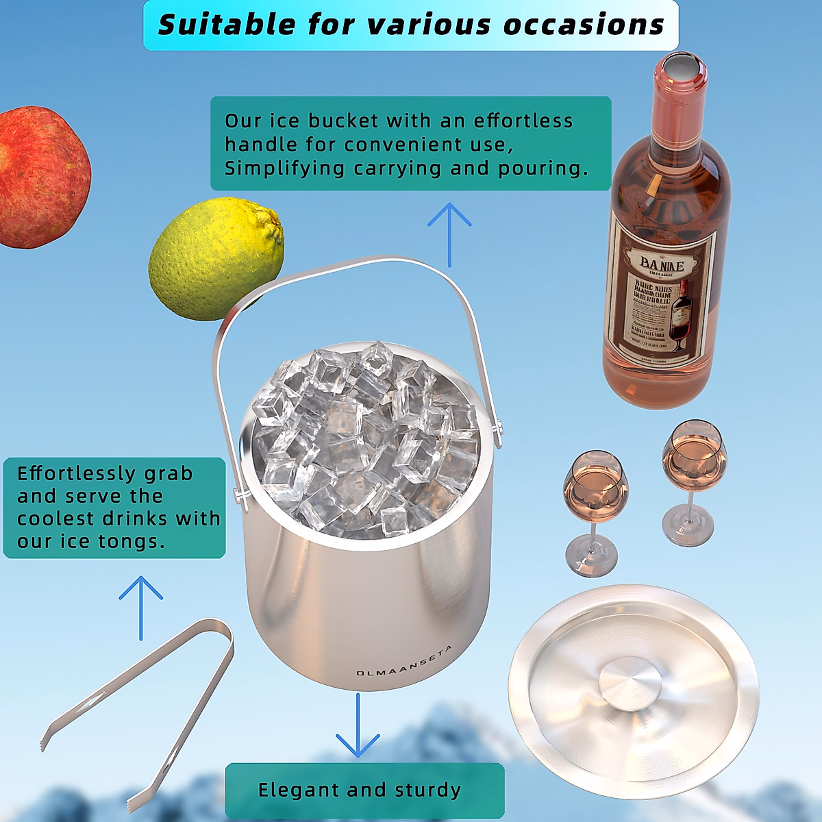 Olmaanseta Stainless Steel Ice Bucket For Parties With Lid And Ice Tongs,Insulated Wine Bucket With Strainer Keeps Drinks Cold And Ice Cube From Melting