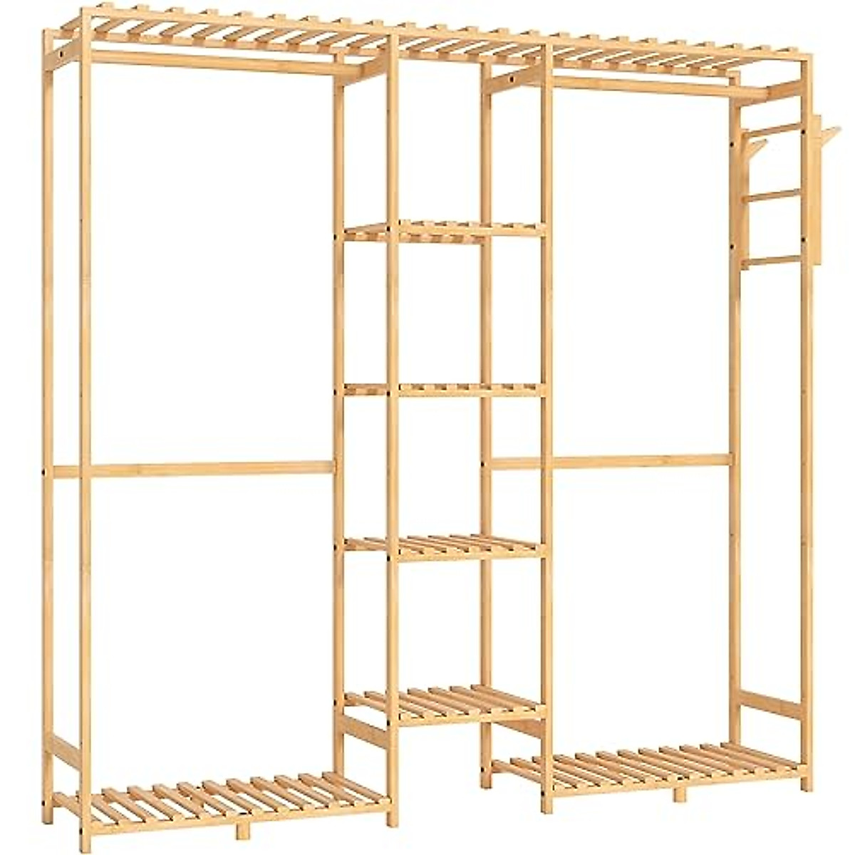 UDEAR Garment Rack Bamboo Clothes Rack for Hanging Clothes,Clothing Racks Storage Organizer with 2 Rods,5 Shelves and 2 Hooks,Multi-Functional Wardrobe Closet