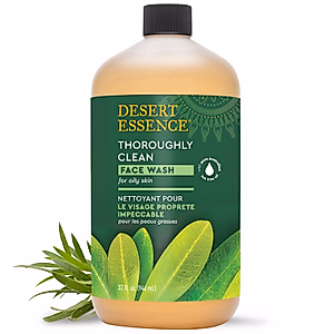 Desert Essence Thoroughly Clean Face Wash with Tea Tree Oil, Castile Soap and Coconut Oil - Organic Facial Cleanser for Sensitive and Oily Skin, Vegan & Cruelty-Free, 32 fl oz