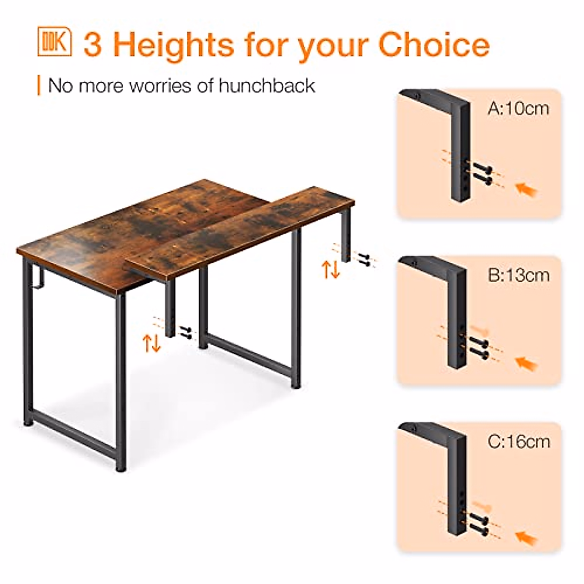 ODK Computer Desk with Adjustable Monitor Shelves, 40 inch Home Office Desk with Monitor Stand, Writing Desk, Study Workstation with 3 Heights (10cm, 13cm, 16cm), Rustic Brown