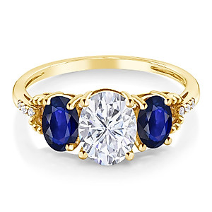 10K Yellow Gold 3-Stone Ring Forever Brilliant Oval 5.19cttw Moissanite by Charles & Colvard and Sapphire (Size 8)