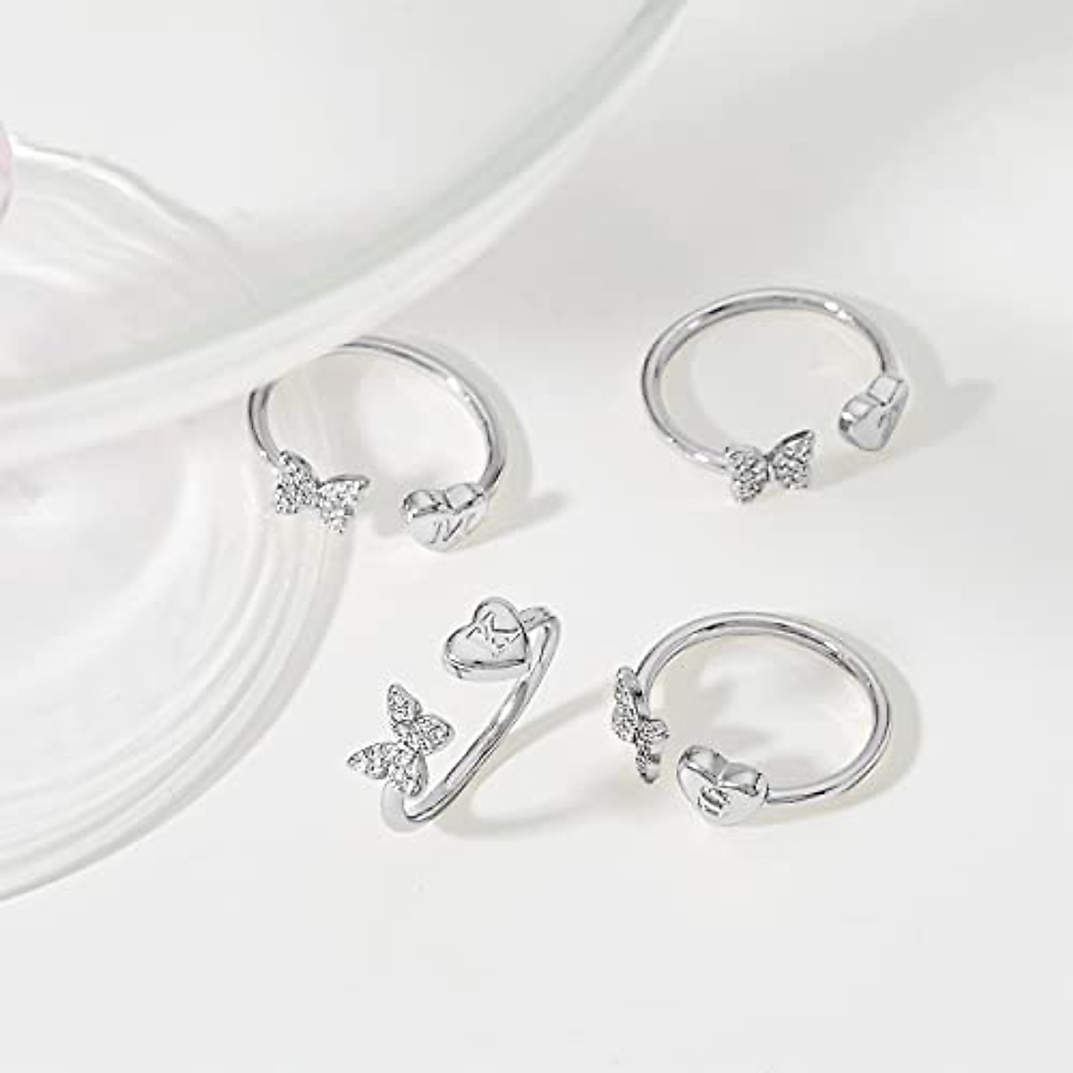 Sora Tuki M Initial Ring for Women Silver Letter Ring Adjustable Rings Butterfly Heart Initial Rings for Women Dainty Stackable Rings Cute Silver Rings