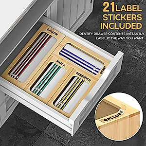 Ziplock Bag Storage Organizer for Kitchen Drawer - Magnetic Food Storage Bag Holders, Bamboo Baggie Organizer, Compatible with Gallon, Slider, Quart, Sandwich, Snack & Variety Size Bag （4-pack）