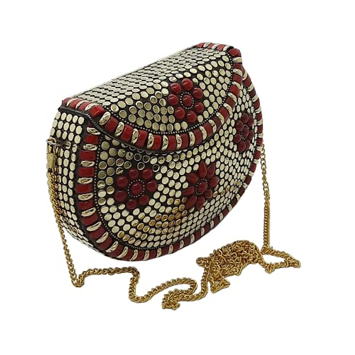 Trend Overseas Multicolor Acrylic Stone Golden metal Bead Clutch Girls Bridal Bag for women/Girl party clutch, Acrylic Red