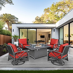 Kinger Home Novi 5-Piece Outdoor Patio Furniture Set with 52-Inch Propane Fire Pit Table - CSA Certified, 50,000 BTU, Swivel Chairs, Aluminum Frame, Includes Fire Glass & Wind Guard