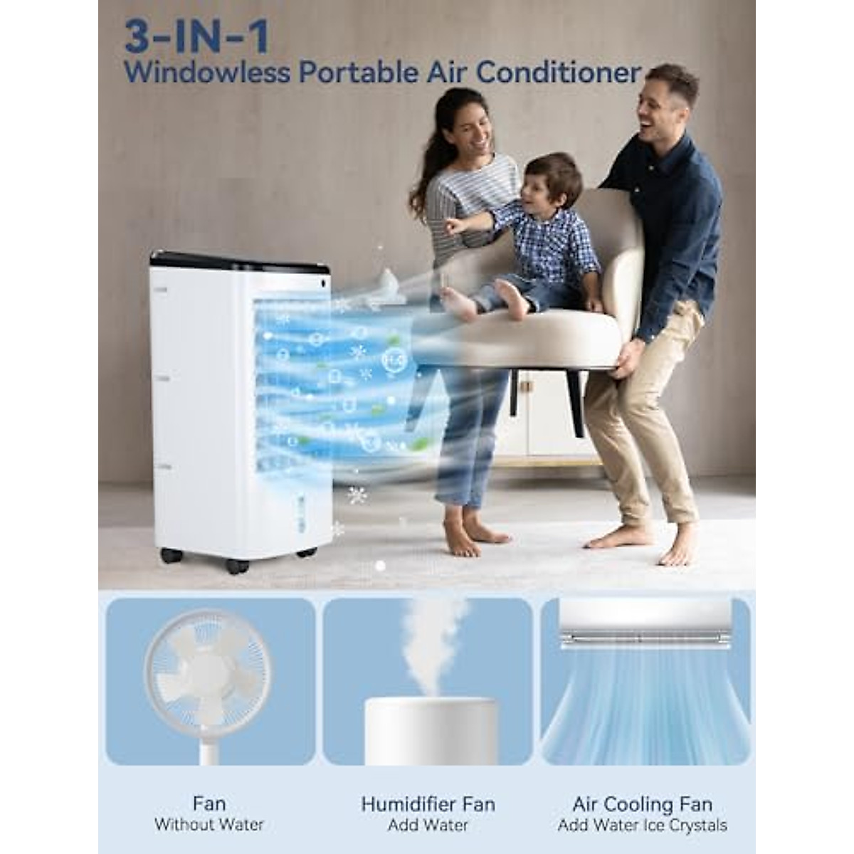 3-IN-1 TEMEIKE Swamp Cooler Air Conditioner, Evaporative Air Cooler w/ 4 Modes & 3 Speeds, 12H Timer & Remote & Dual Water Tank, 65° Oscillating Air Conditioner Portable for Bedroom