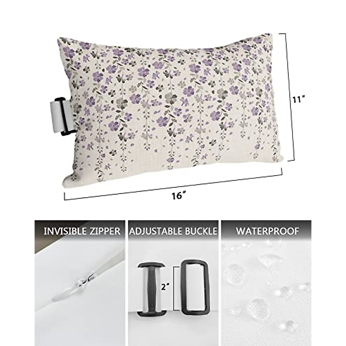 Recliner Head Pillow Ledge Loungers Chair Pillows with Insert Flower Purple Grey Cherry Blossoms Cotton Linen Background Lumbar Pillow with Adjustable Strap Patio Cushion for Sofa Bench Couch, 2 PCS