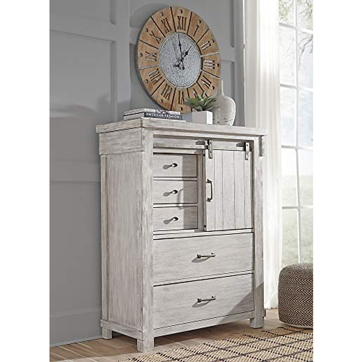 Signature Design by Ashley Brashland Farmhouse 5 Drawer Chest with Dovetail Construction & Sliding Barn Door Revealing Adjustable Shelf, Textured White