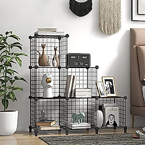 Wolizom Wire Cube Storage, 6-Cube Black Metal Grids Shelves Bookshelf, Stackable Modular Shelving Organizer, DIY Closet Bookcase Bookshelf, Grid Storage Shelf for Bedroom, Living Room, Office