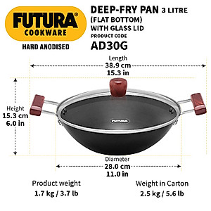FUTURA Hawkins 3 Litre Deep Fry Pan with Glass Lid, Hard Anodised Kadai, Flat Bottom Kadhai, Black (AD30G)