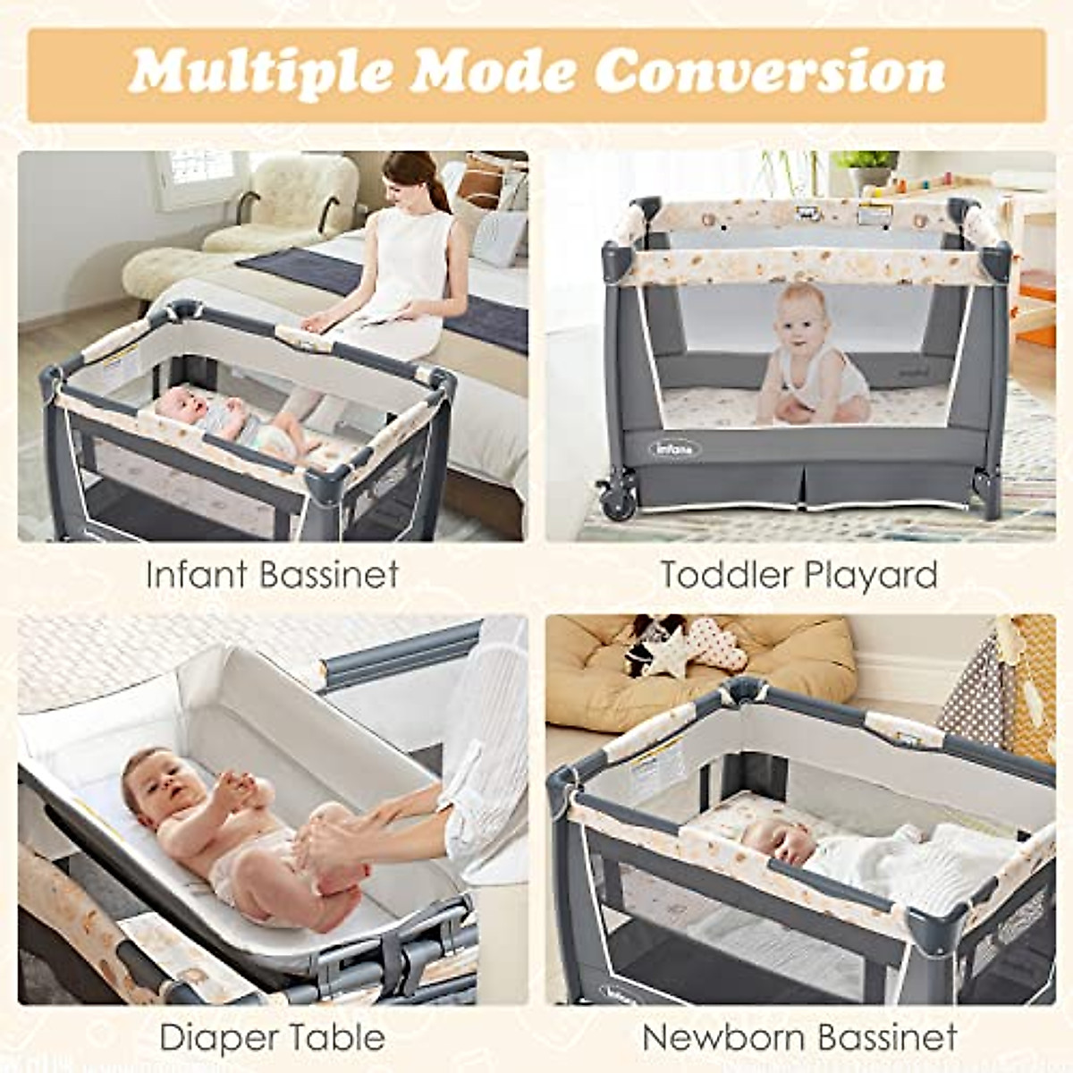 INFANS 4 in 1 Pack and Play, Portable Nursery Center for Baby Kid Infant, Comfortable Playard with Bassinet, Mattress, Diaper Changer, Cradle, Travel Bag, Toys, Music Box, Storage Basket(Monkey)