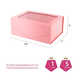 PACKQUEEN Pink Gift Box with Window, 9x6.5x3.8 Inches, Valentine's Day Clear Gift Box for Present Contains Ribbon, Card, Bridesmaid Proposal Box, Gift Box with Magnetic Lid (Glossy Pink)