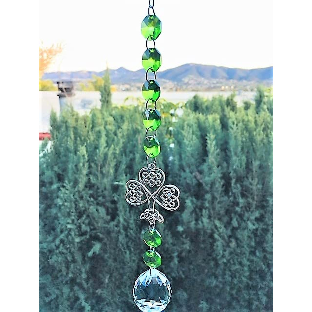 Mystic Celt Treasures- IRISH SHAMROCK SUNCATCHER -12" Irish Suncatcher, USA Handmade, Gift Wrapped, Irish, Shamrock, Ireland, Hearts, Emerald, Clover, Gift