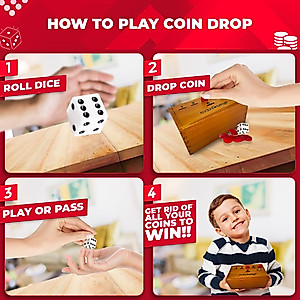 SWOOC Games - Coin Drop | Simple + Strategic Dice Games For Families with Coins Included For 2-6 Players | Works With Pennies Too | Get Rid Of Coins To Win | Board Games For Kids | Penny Game Wood Box