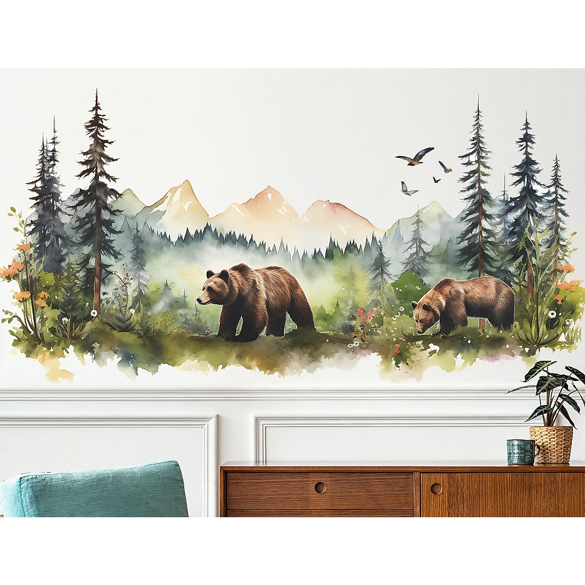 RAINBOW WSK Large Jungle Animals Wall Decals Forest Tree Wall Decal Peel and Stick Woodland Bear Fox Deer Wall Stickers Giant Mountain Wall Art for Bedroom Nursery Room FX-C432
