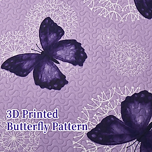 ARTALL 3-Piece Butterfly Printed Quilt Set Soft Microfiber Lightweight Bedspread Coverlet Throw Blanket with 2 Pillow Shams All Season for Adults Teens Girls, Purple, Full/Queen