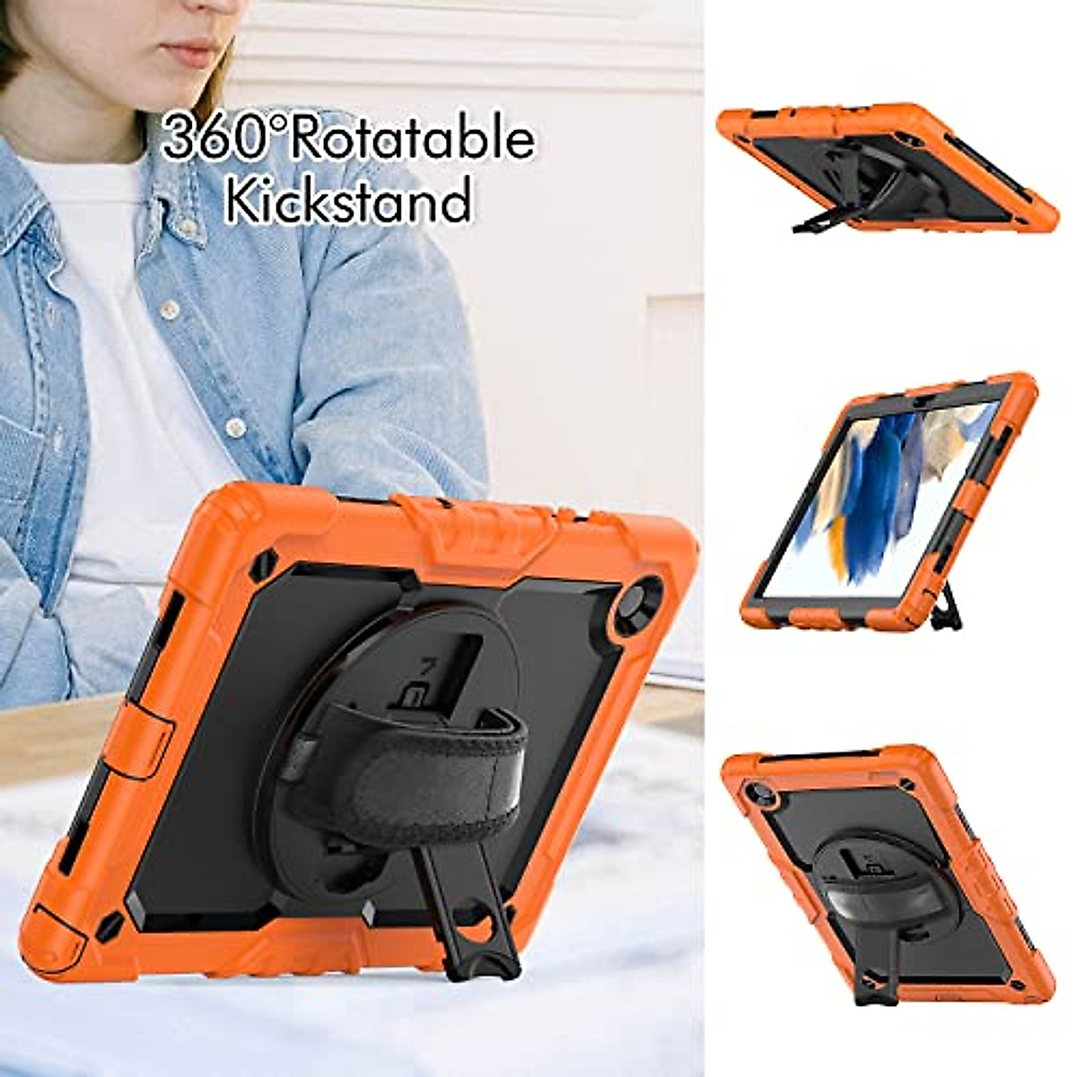 Case for Samsung Galaxy Tab A8 10.5 Inch 2022 Protective Shockproof Tablet Cover with Kickstand Hand/Shoulder Strap Pencil Holder for Samsung Galaxy SM-X200 SM-X205 (Orange)