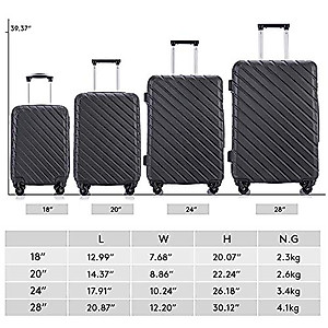 Apelila 4 Piece Hardshell Luggage Sets, Black Travel Suitcase, Check in & Carry On Luggages with Spinner Wheels Free Cover& Hangers Inside 18" 20" 24" 28"