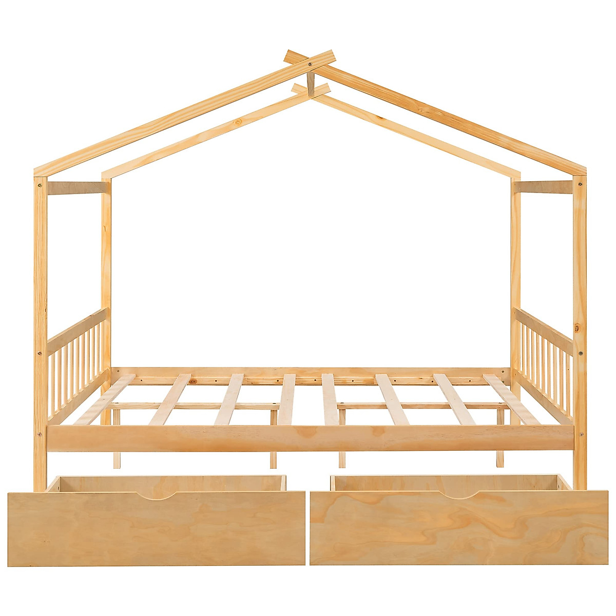 Harper & Bright Designs Full House Bed for Kids, Wooden Full Size House Bed Frame with Two Drawers, Full Storage Bed with Headboard and Footboard,Roof Design for Girls Boys, Natural