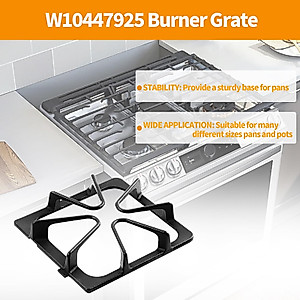 Upgraded W10447925 Grates for Kenmore Stove Parts Burner Grate Whirlpool Maytag Range Parts Stove Top Grate Replacement Amana Inglis Kirkland Cooktop Parts Matte Cast Iron Surface Burner Grate 1 Pack