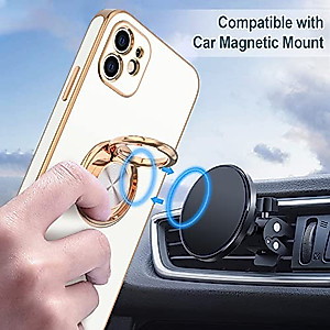 Hython Case for iPhone 12 Case with Ring Stand [360° Rotatable Ring Holder Magnetic Kickstand] [Soft Microfiber Lining] Plating Rose Gold Edge Shockproof Protective Phone Cases Cover for Women, White