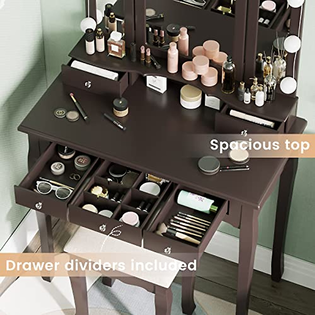Tiptiper Vanity Desk, Makeup Vanity Set with Lighted Mirror and Stool, Dressing Table with 5 Drawers, 3 Light Settings & Adjustable Brightness, Espresso