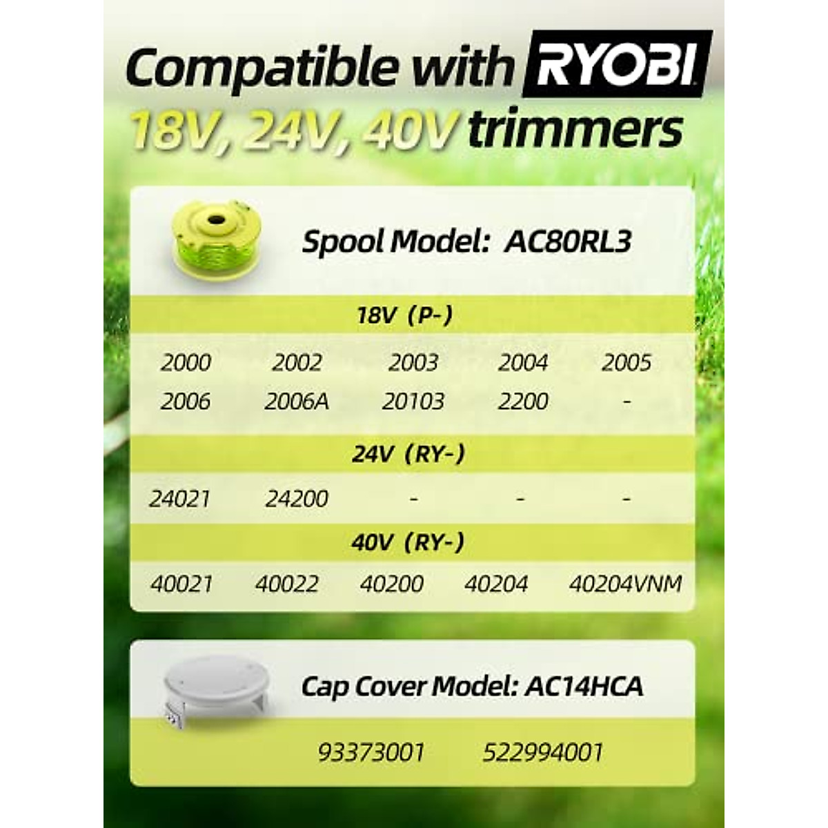 YWTESCH Trimmer String for Ryobi One Plus+ AC80RL3,11 FT/0.080-Inch，Spool Replacement Compatible with Ryobi 18v, 24v, and 40v Cordless Trimmers (12 Pack Trimmer Line & 3 Pack Trimmer Cap)