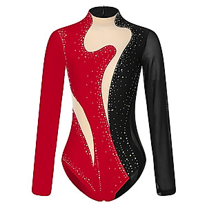 Aislor Women's Rhinestone Figure Skating Costume Sheer Mesh Long Sleeve Ballet Dance Gymnastics Leotard Black&Red Medium