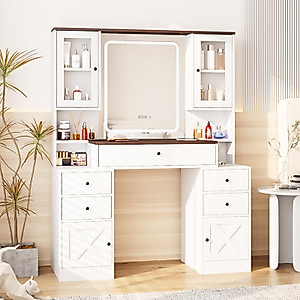Vanity Desk with Mirror and Lights,White Makeup Vanity Table with Power Strip & LED Lighted Mirror,43in Large Makeup Desk with 5 Drawers,4 Cabinets and Lots Storage,3 Lighting Modes,White+Brown