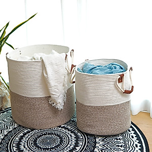 WSNYY Large Cotton Rope Basket, Storage Basket, Woven Laundry Hamper, Toy Storage Bin, Nursery Storage Basket, Baby Bin Organizer, White & Brown, 17x19 Inches