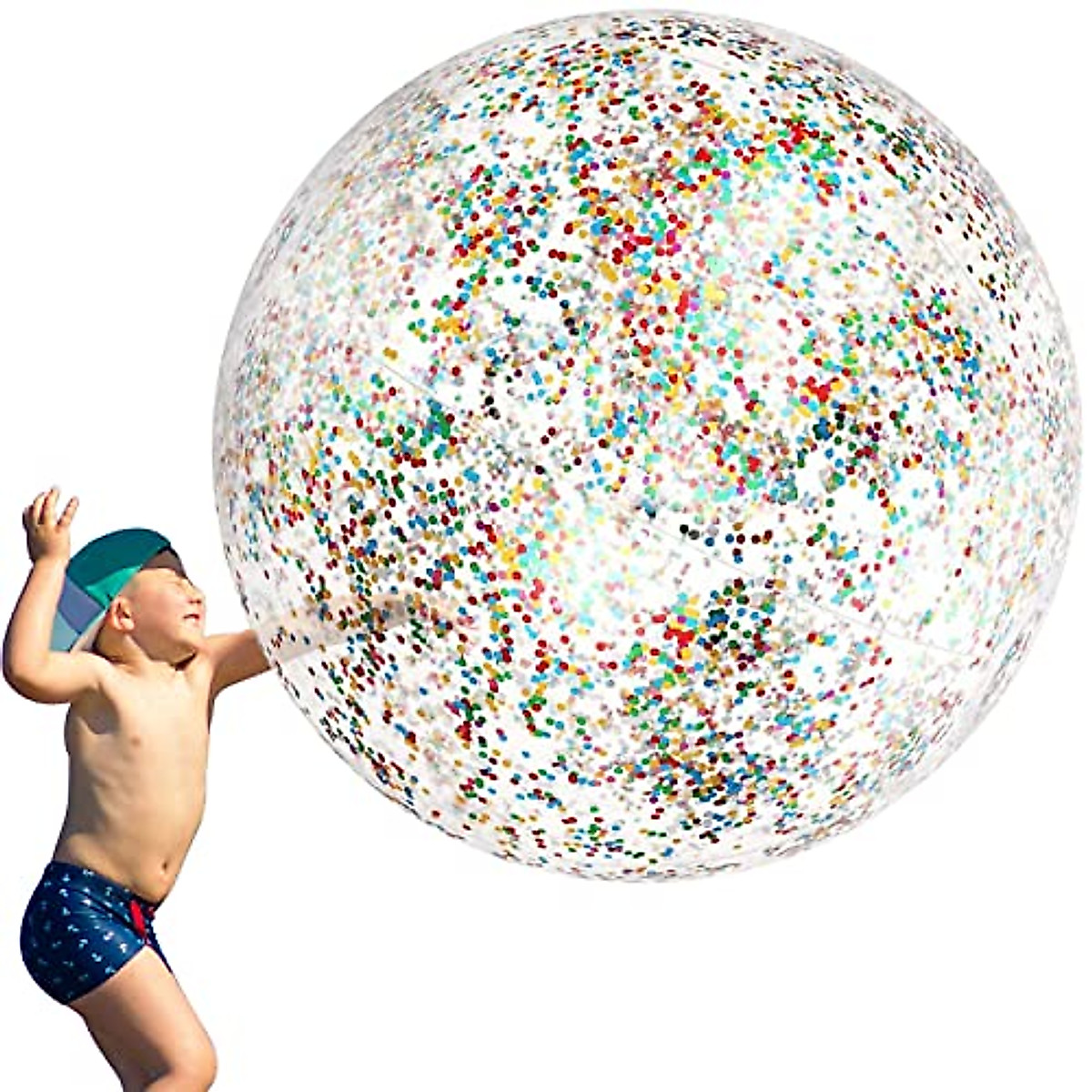 Leitee Giant Sequins Beach Ball 5 FT Huge Confetti Glitters Inflatable Clear Beach Ball Oversized Blow up Plastic Inflatable Balls for Summer Swimming Pool Party Favors and Massive Water Games (5 Ft)