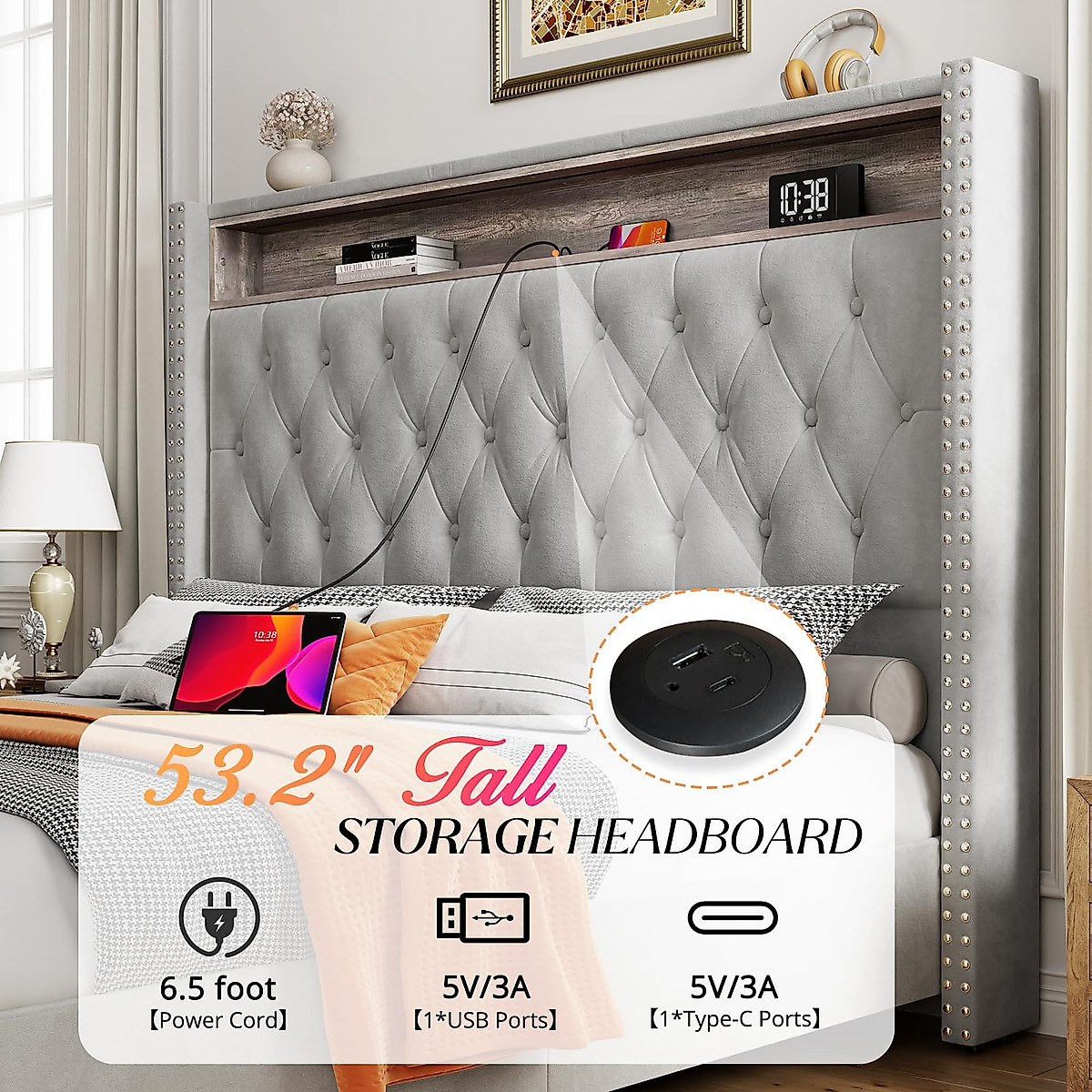 Jocisland Queen Size Bed Frame 53.6'' Tall Headboard LED Lights Charging Station, Velvet Hign Upholstered Platform Bed Wingback Storage, No Box Spring Needed, Motion Activated Light, Light Gray