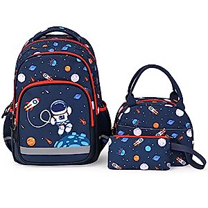 School Backpack Kids Bookbag Set-with Lunch Bag & Pencil Case Elementary Preschool Kindergarten Supplies for Boys Girls (Blue Space set)